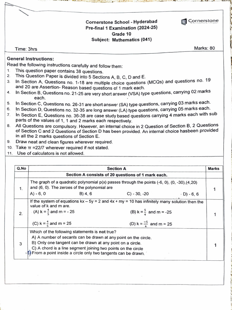 Veda Pre-boards 1 Paper | PDF | Circle | Sphere
