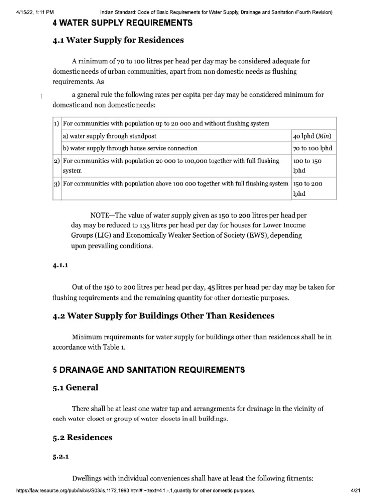 Standard of Water Requirement at Various Places | PDF