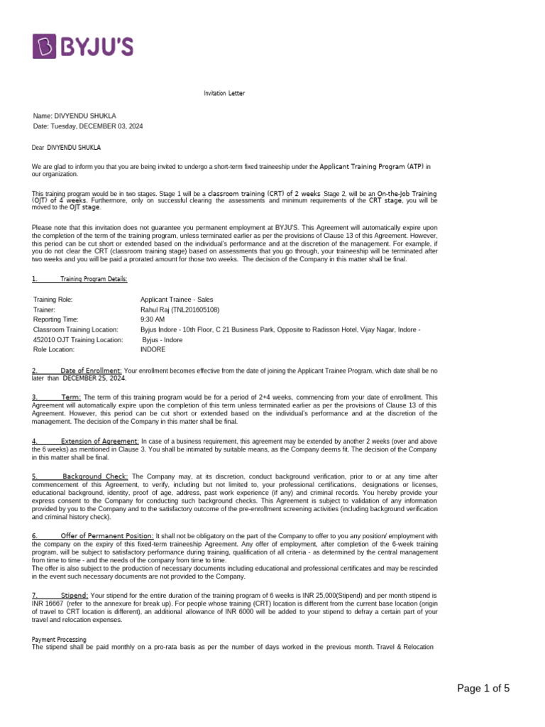706352532-Byjus-Offer-Letter (1) | PDF | Indemnity | Tax Deduction