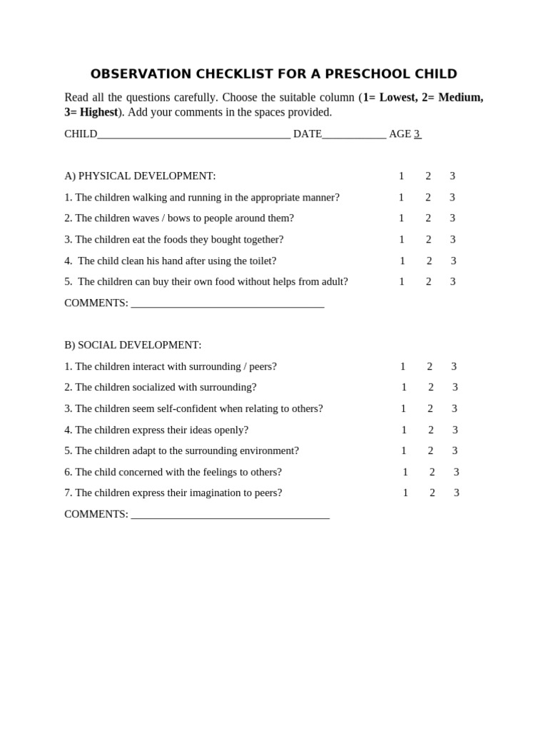 Observation Checklist For A Preschool Child | PDF