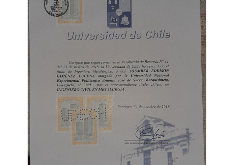 Certificado Ingeniero Civil en Metalurgia Universidad de Chile | PDF