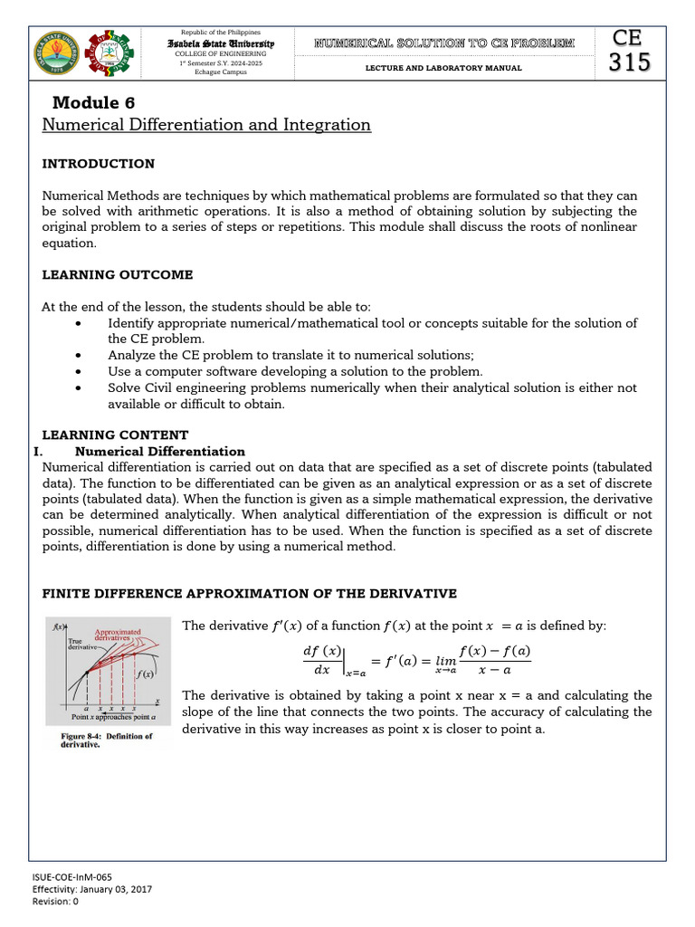 CE 315 6 LECLAB TOPIC 11 13 Numerical Differentiation Numerical Integration | PDF | Numerical ...