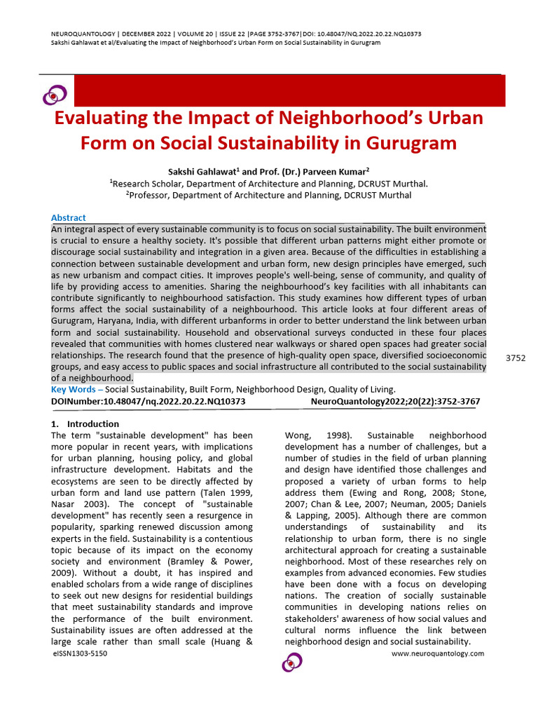Evaluating the Impact of Neighborhood’s Urban Form on Social ...