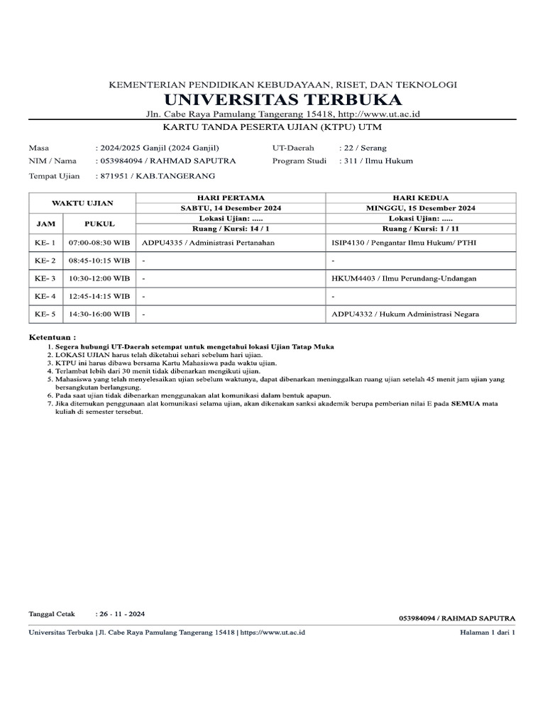 Kartu Tanda Peserta Ujian Online (Ktpuo) | PDF