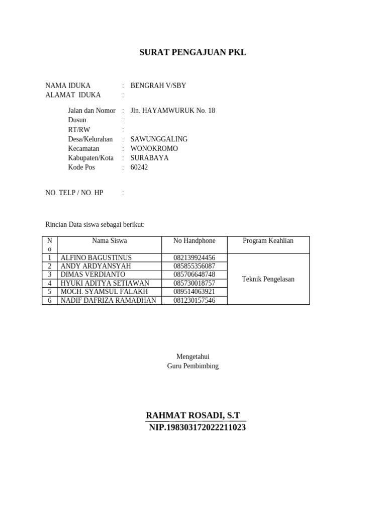 Surat Pengajuan PKL | PDF