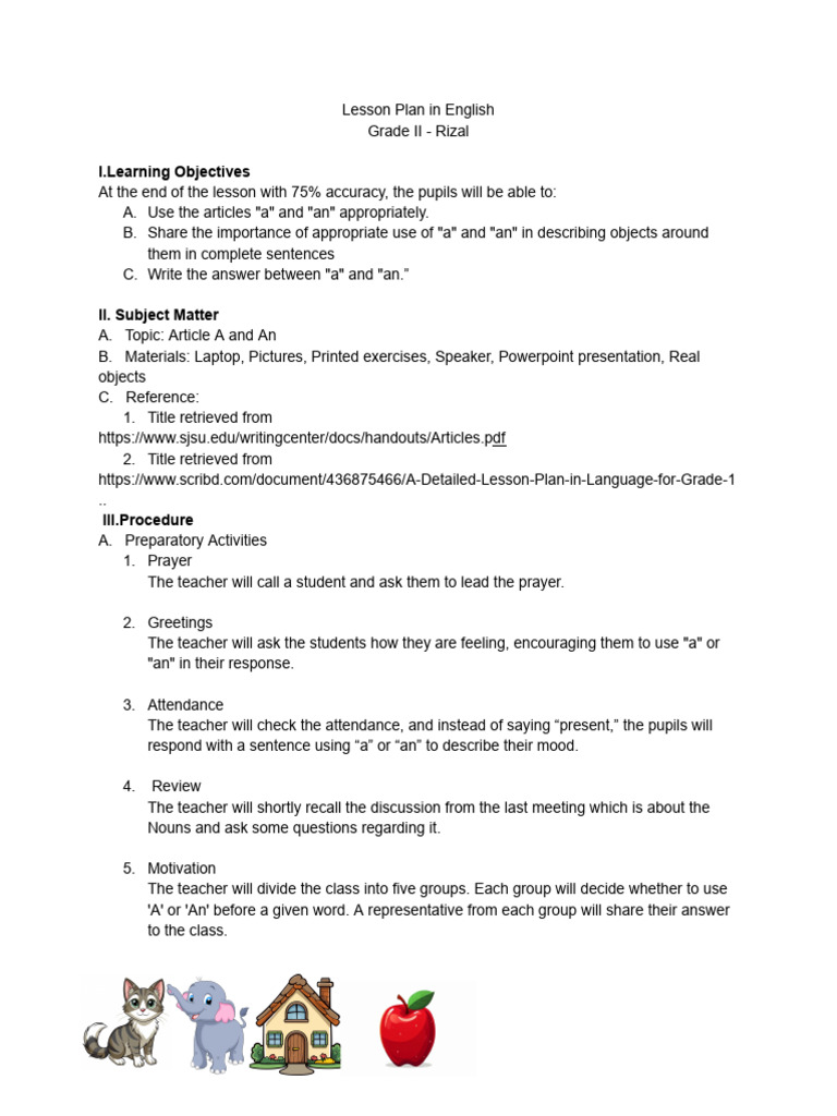 Grade 2 Lesson Plan: Articles A & An | PDF | Lesson Plan | Word