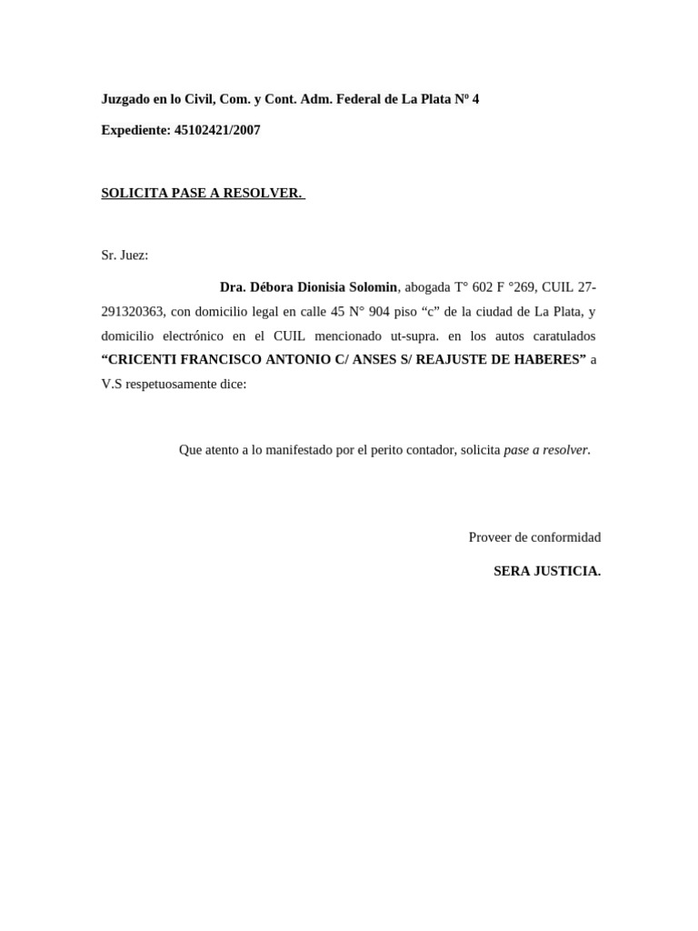 Solicita Pase A Resolver. Expte. Cricenti Francisco Antonio | PDF