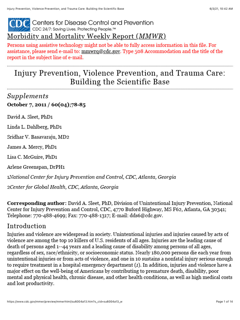 Injury Prevention, Violence Prevention, and Trauma Care. 2011 | PDF ...