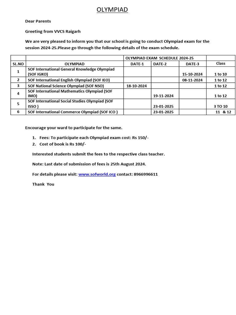 Olympiad Exam Schedule 2024-25 | PDF