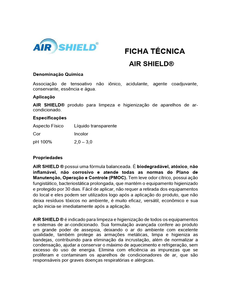 Air Shield Ficha Tecnica Dosagem | PDF | Ar condicionado