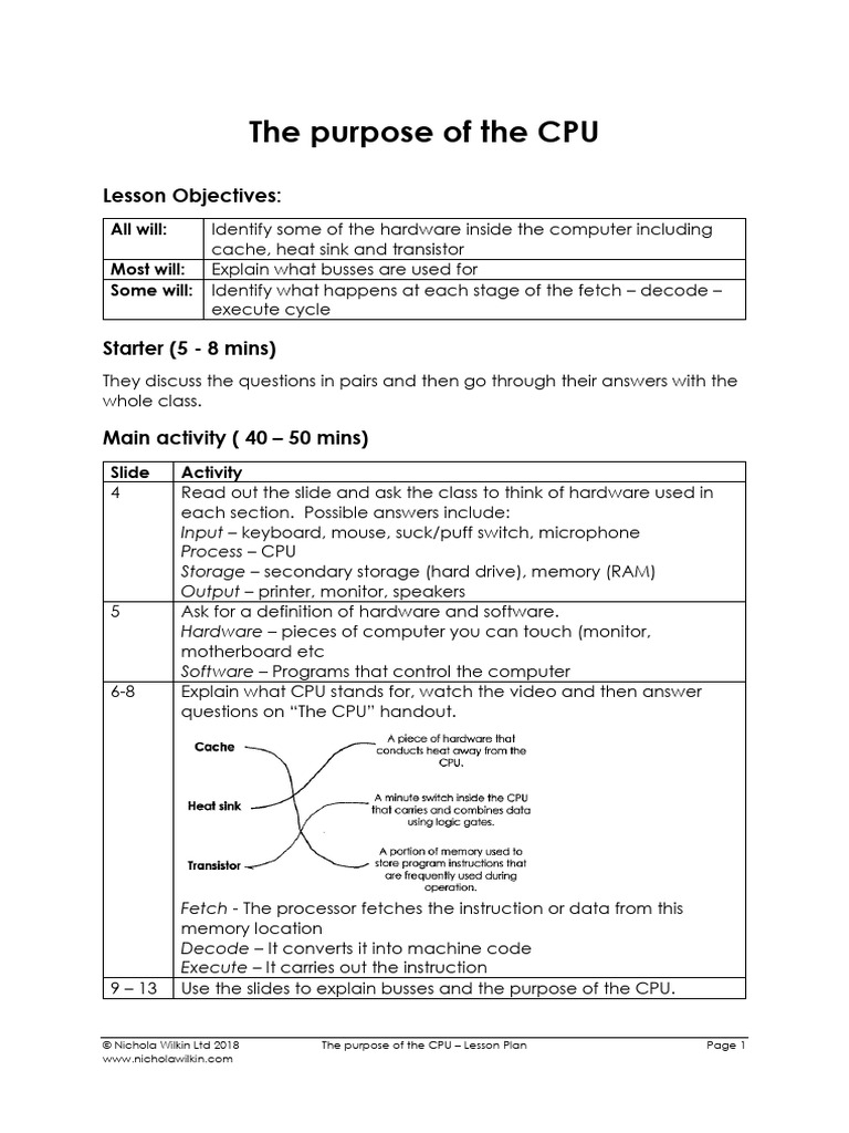 The Purpose of the CPU Lesson Plan | PDF | Central Processing Unit | Computer Hardware