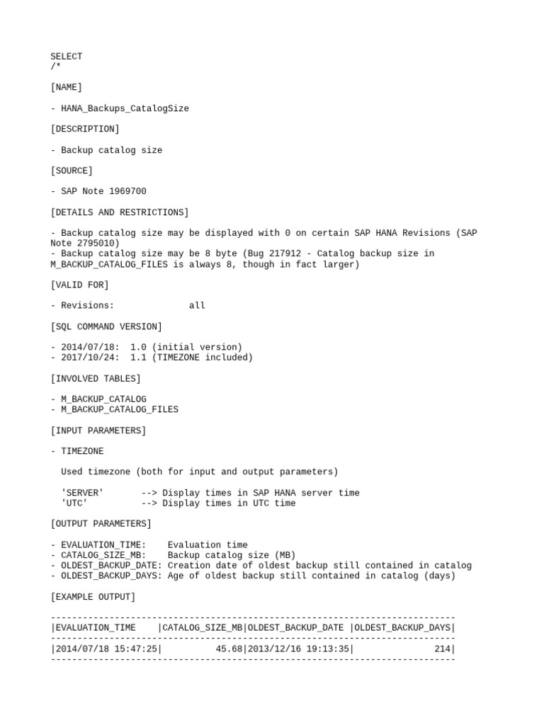 HANA Backups CateaalogSize | PDF | Computing | Computer Programming