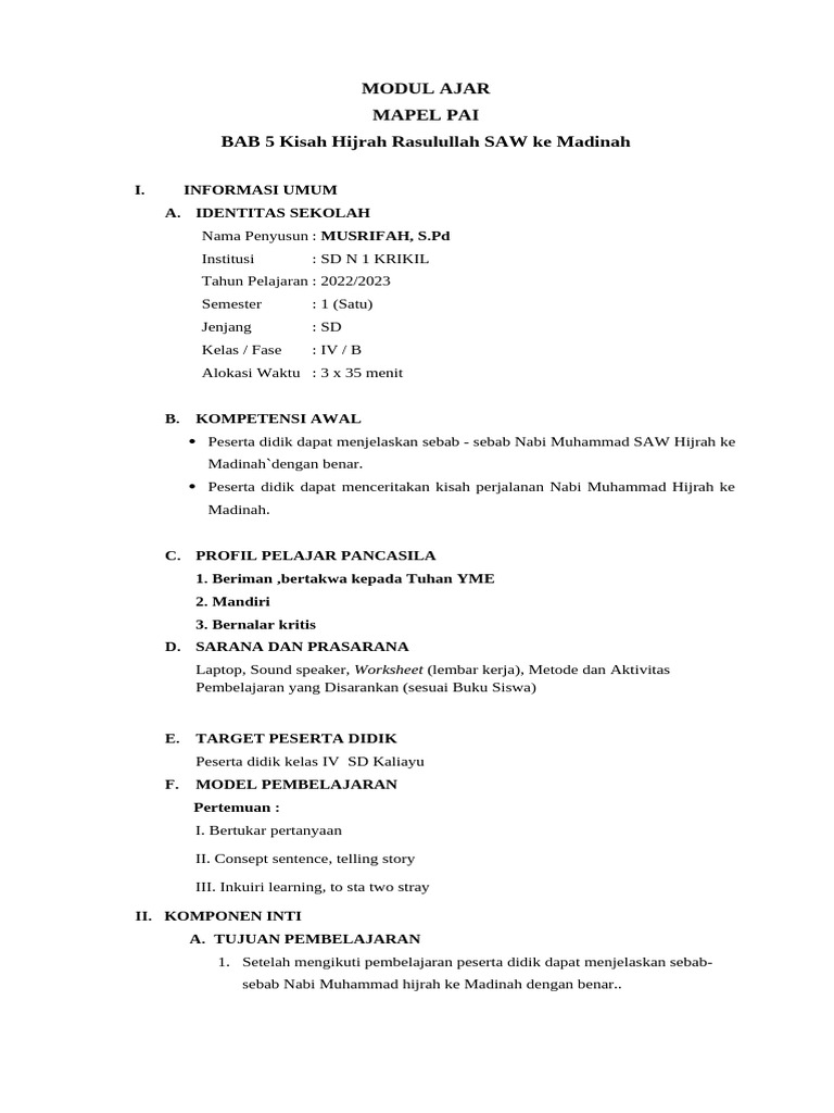 MODUL AJAR PAI IV - SDN Kaliayu sm1 | PDF