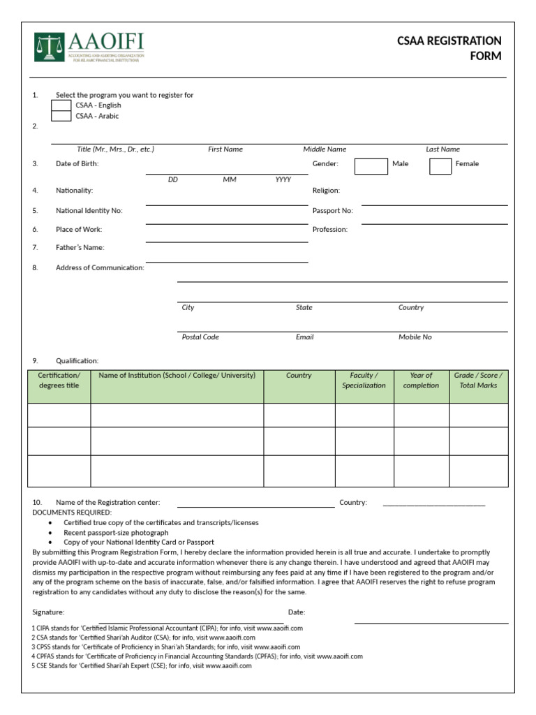 CSAA Exam Registration Form - 2024 | PDF