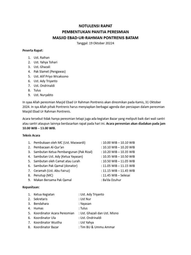NOTULENSI RAPAT PANITIA PERESMIAN MASJID | PDF