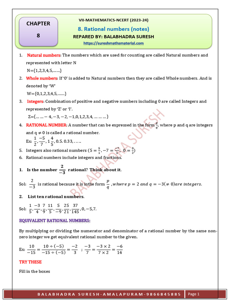 VII NCERT2023 24 Mathematics 8.RATIONAL NUMBERS Notes WM | PDF ...