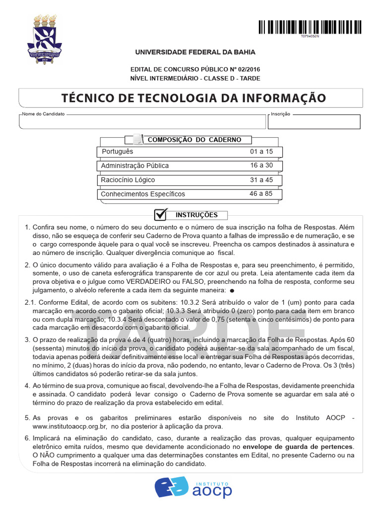 Prova Tecnico de Tecnologia Da Informacao | PDF | Sistema operacional | Rede de computadores