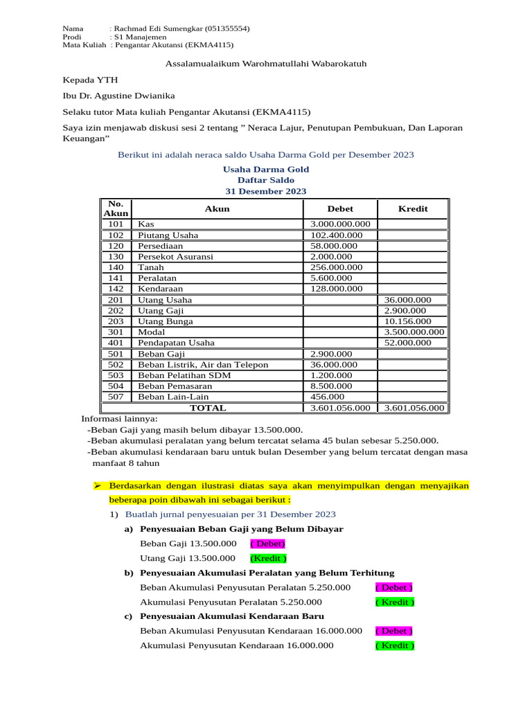 Rachmad Edi Sumengkar 051355554 - Pengantar Akutansi (EKMA4115) - Sesi 2 Neraca Lajur, Penutupan ...