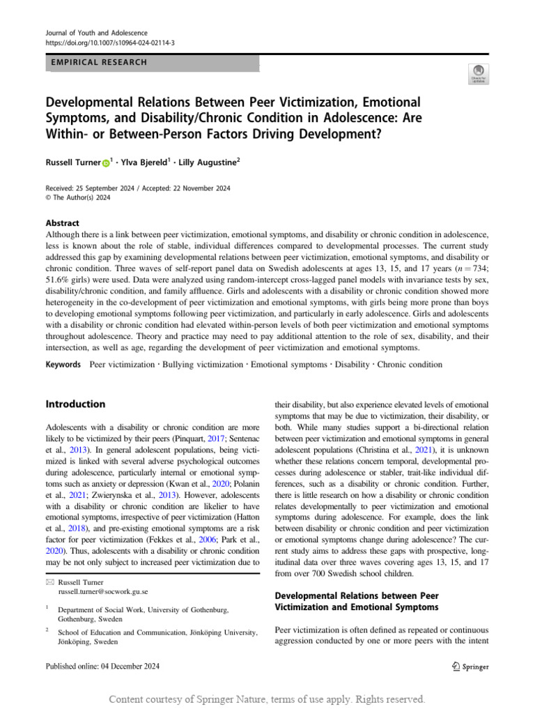 Developmental Relations Between Peer Victimization 1 Pdf