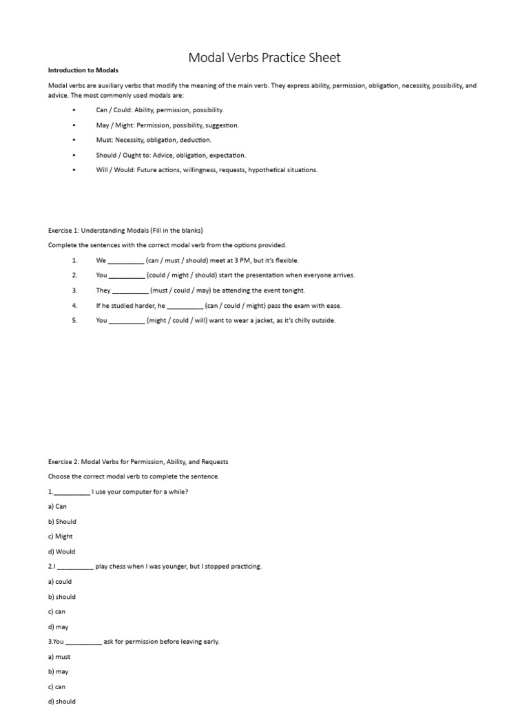 Modal Verbs Practice Sheet - Rotated | PDF | Linguistic Morphology | Grammar