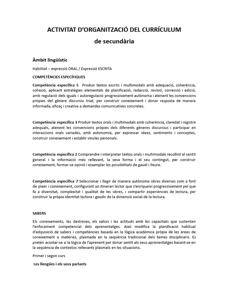 Activitat Organització Curriculum Secundària | PDF