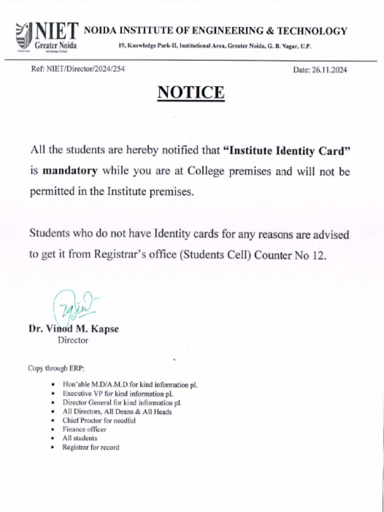 Notice 2024 254 Institute Identity Card | PDF