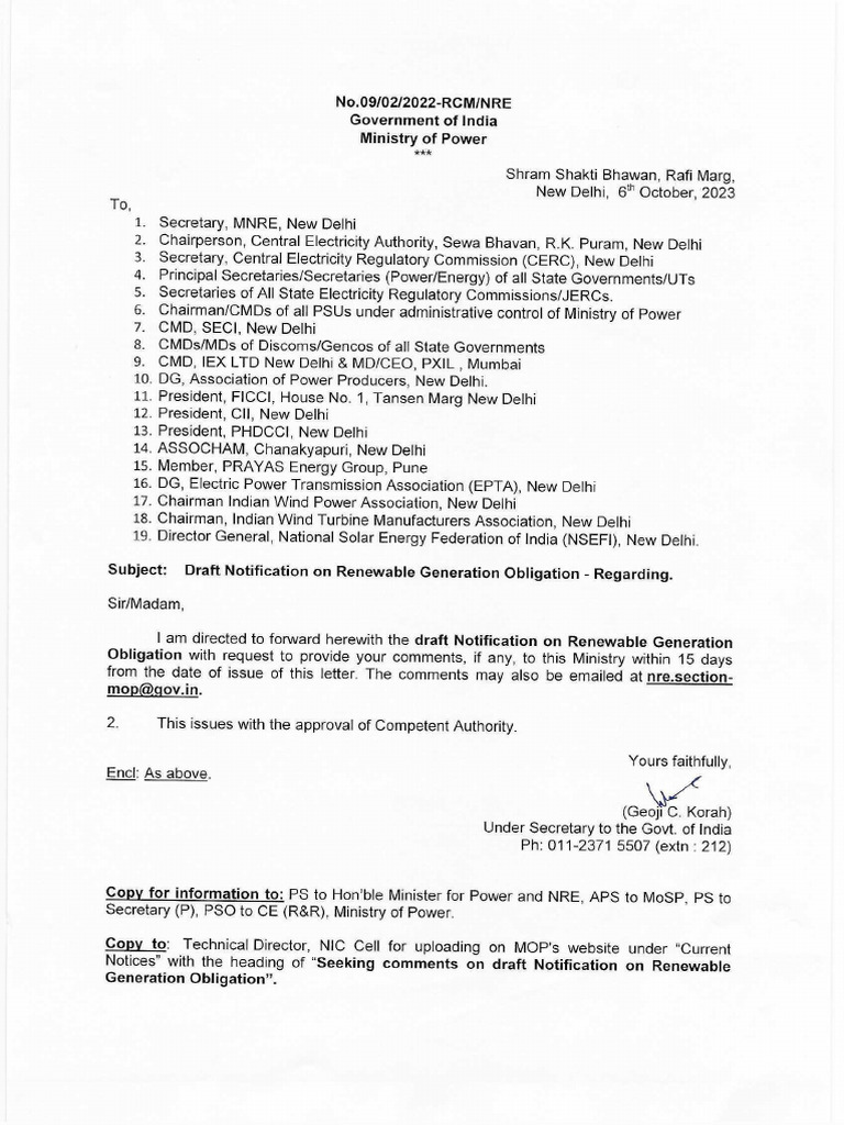 Draft Notification on Renewable Generation Obligation | PDF | Renewable ...