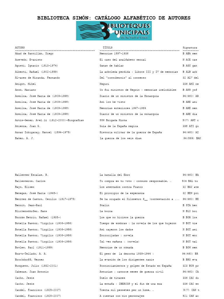 Biblioteca Simon. Catalogo | PDF