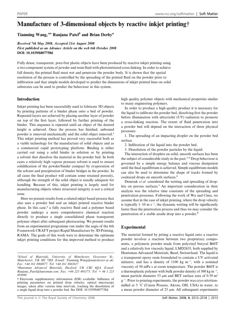 Manufacture of 3-Dimensional Objects by Reactive Inkjet Printing | PDF ...