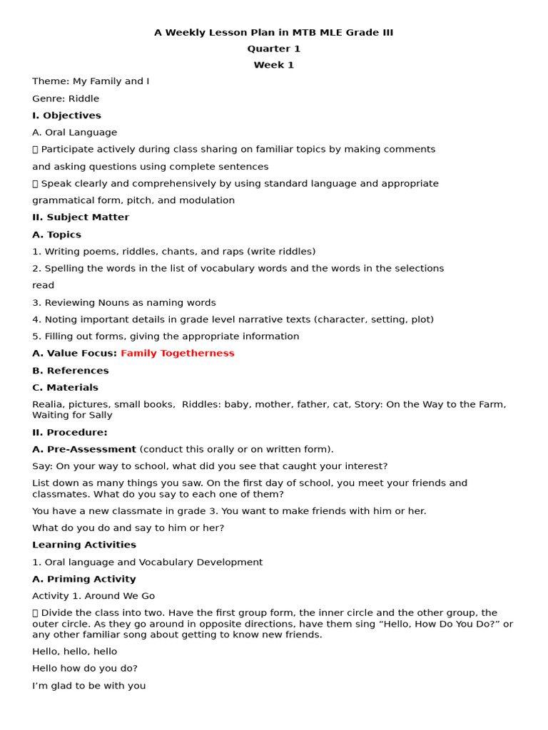A Weekly Lesson Plan in MTB MLE Grade III | PDF | Reading Comprehension ...