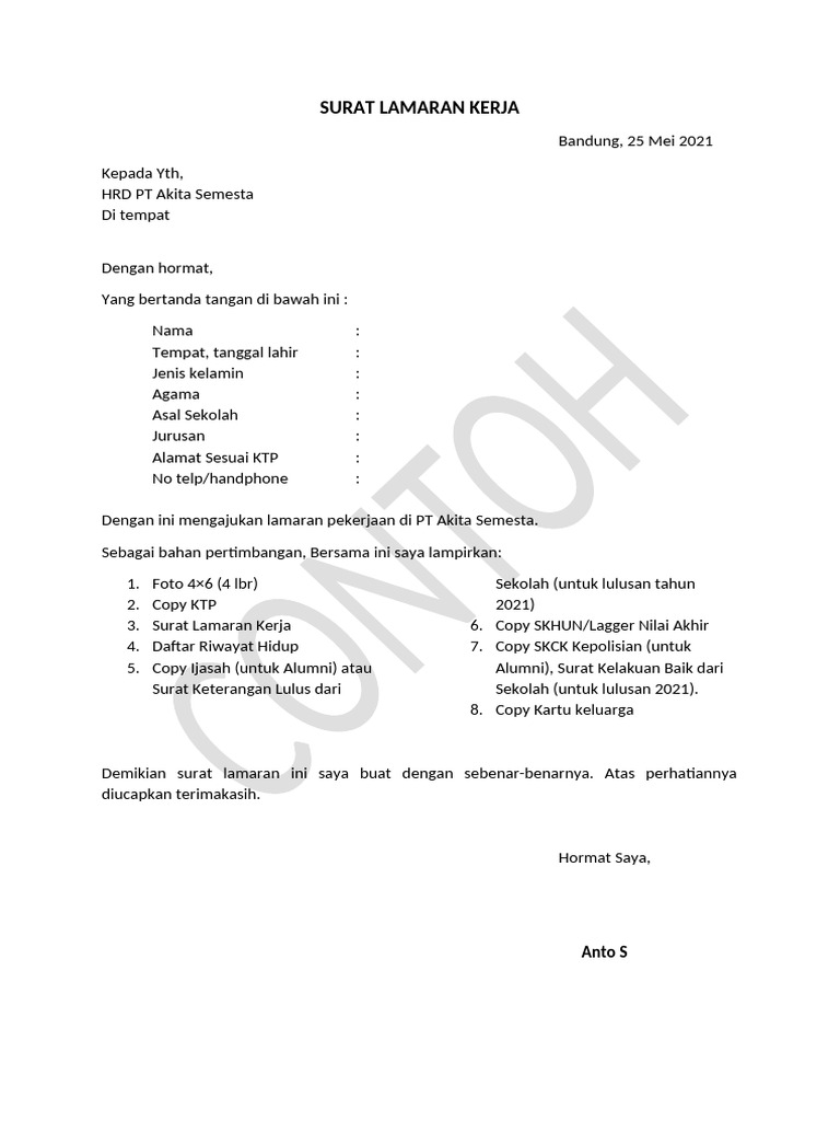 Contoh. Surat Lamaran Kerja & DRH | PDF
