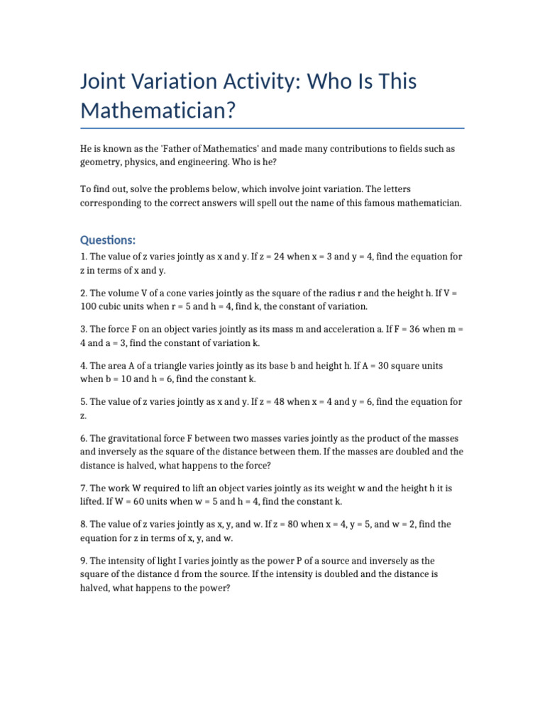 Joint Variation Activity Archimedes | PDF