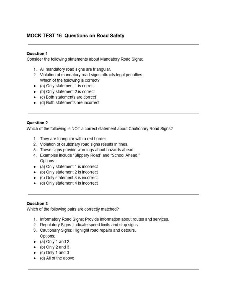 Road Safety Mock Test Questions & Answers | PDF | Traffic | Road ...