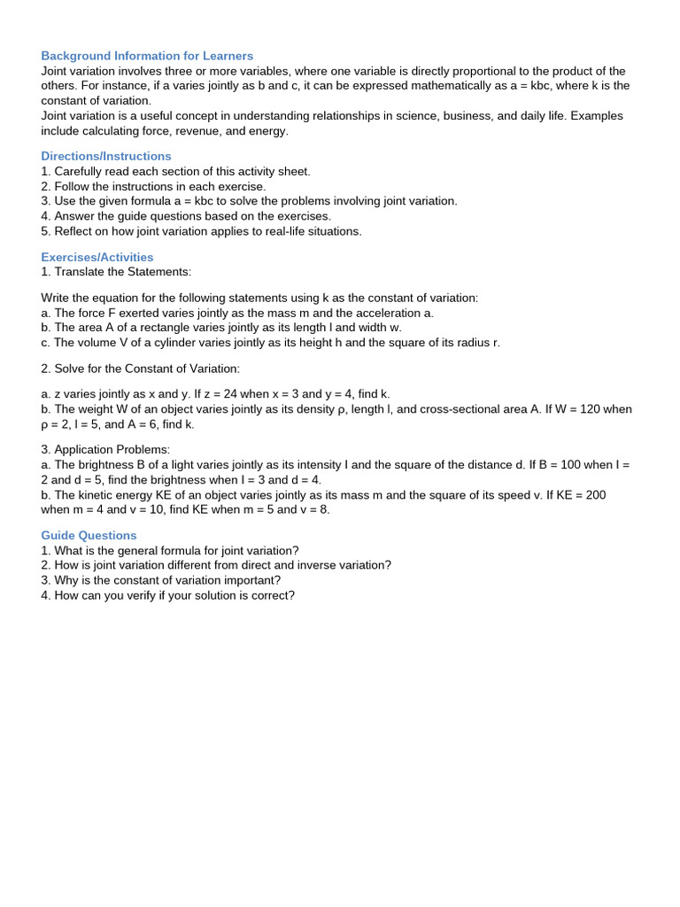 Activity Sheet_Joint_Variation | PDF | Force | Mass