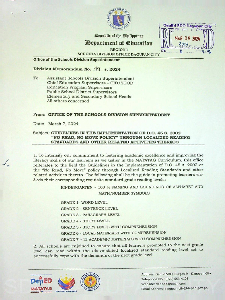 DIV MEMO NO 99 s2024 GUIDELINES IN THE IMPLEMENTATION OF D.O. 45 S.2002 ...