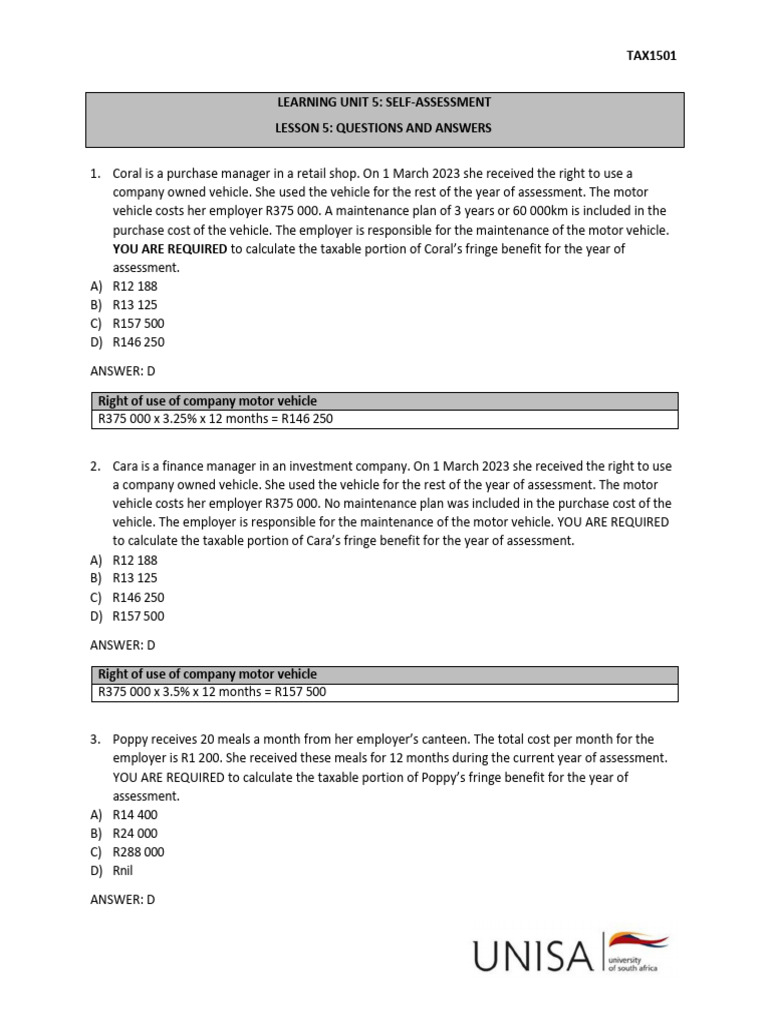 TAX1501 - Lesson 5 - Solution-Updated | PDF | Employee Benefits | Value ...