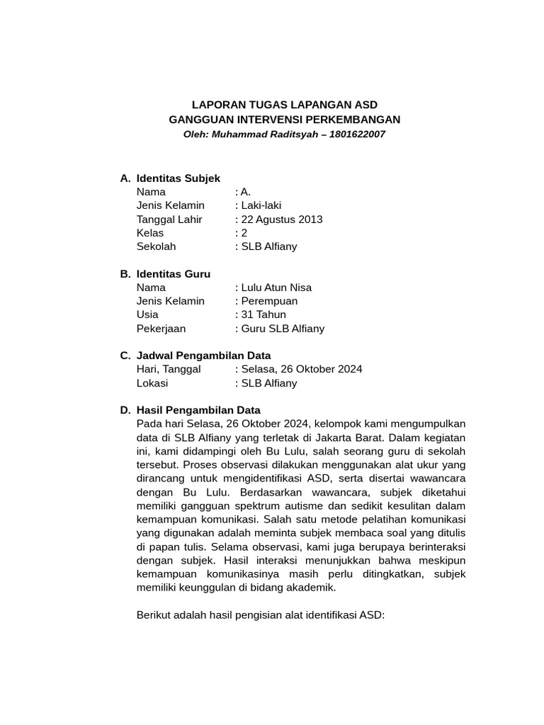 Saffanah Qalbina_1801622168_Laporan Tugas Lapangan Screening ASD (1) | PDF