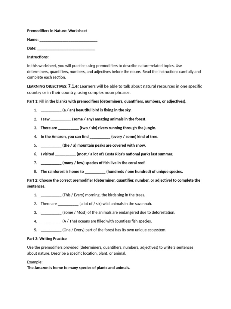 Premodifiers in Nature - Worksheets | PDF