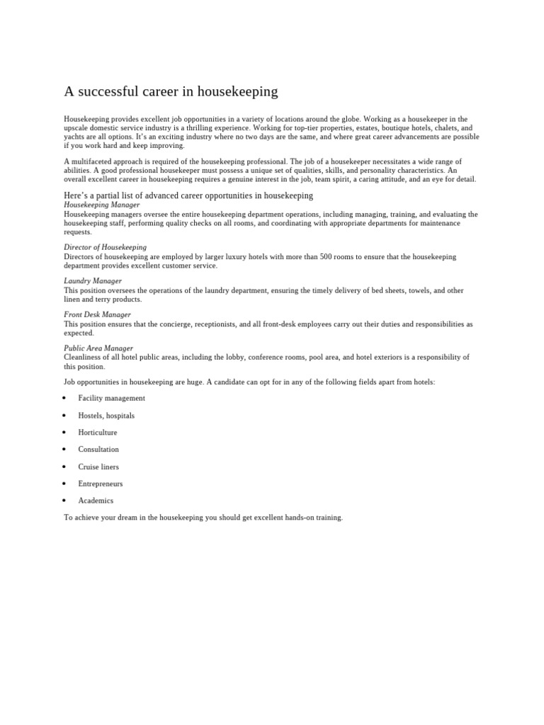 Career Opportunities in Housekeeping | PDF