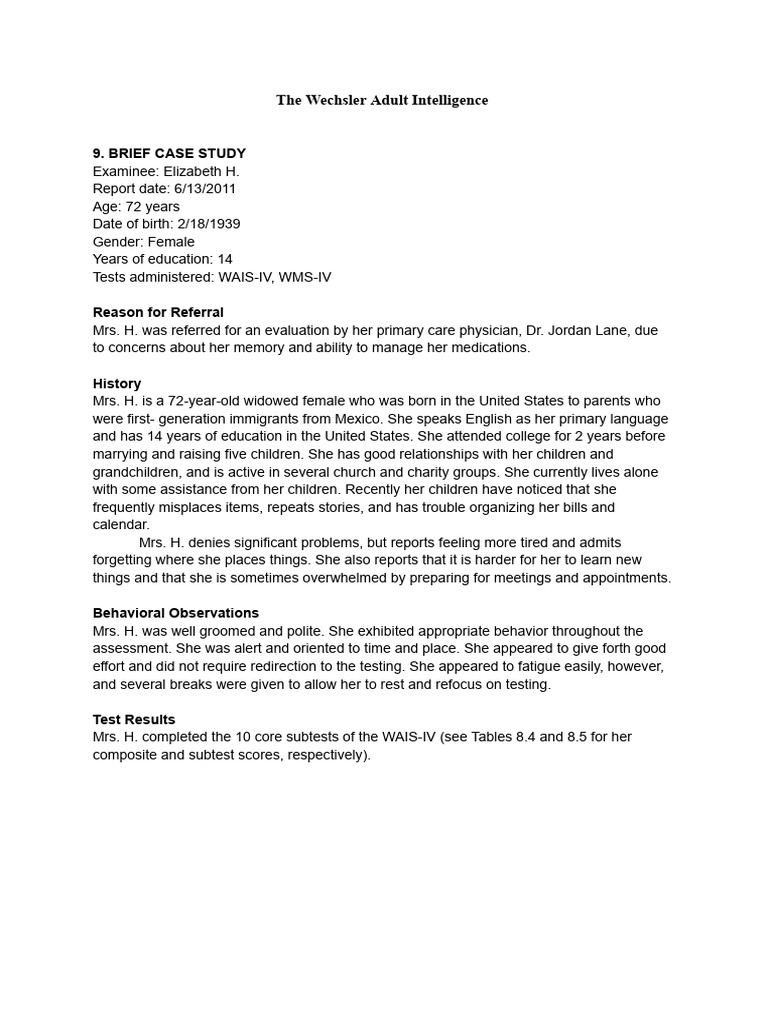 BRIEF CASE STUDY | PDF | Wechsler Adult Intelligence Scale | Recall ...