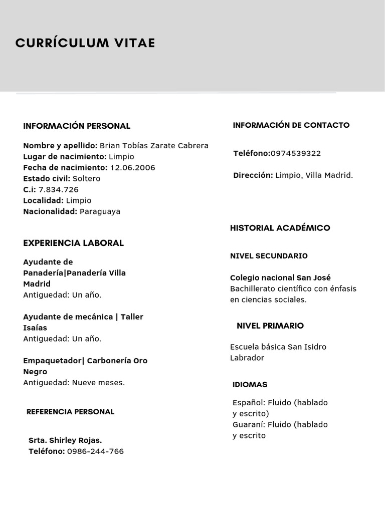 Curriculum Vitae, Brian Zarate PDF | PDF