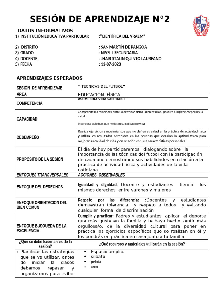 Sesion N°2 Julio | PDF | Asociación de Futbol | Aprendizaje