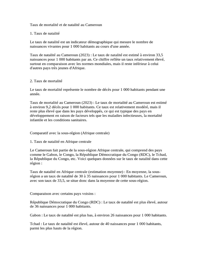 Taux de natalité et mortalité au Cameroun | PDF | Taux de mortalité ...