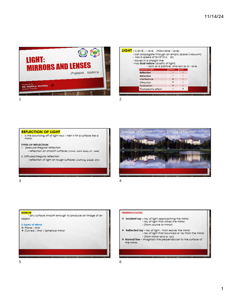LIGHT - Mirrors and Lenses Handout | PDF | Reflection (Physics) | Mirror
