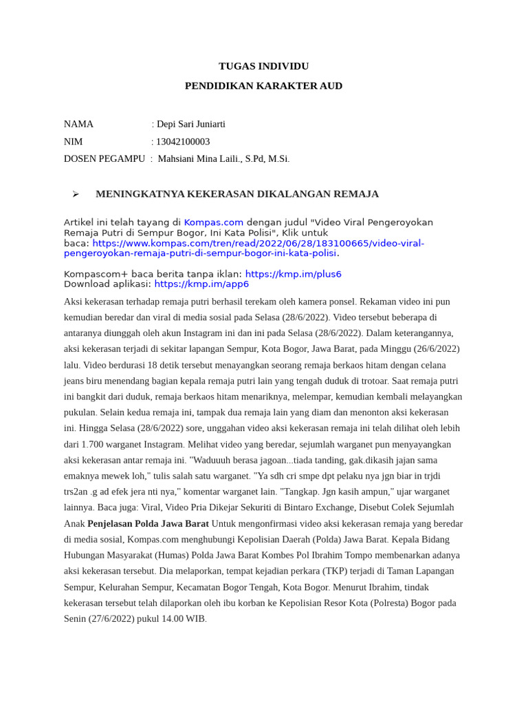 DEPI SARI JUNIARTI_MENINGKATNYA KEKERASAN DIKALANGAN REMAJA | PDF