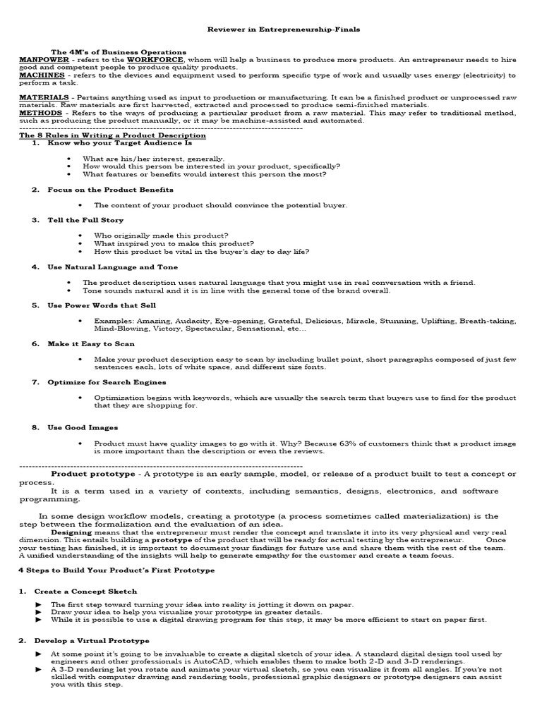 ENTREPRENEURSHIP-REVIEWER-FOR-FINALS (1) | PDF | Prototype | Business Model