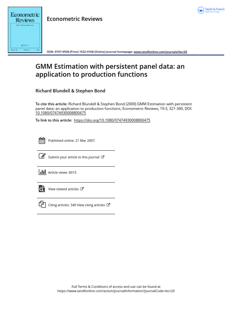 Gmm Estimation With Persistent Panel Data An Application To Production