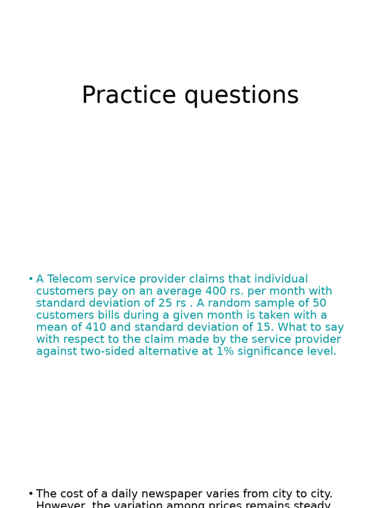 Practice Questions One Sample Hypothesis Testing Spring 2023-24 | PDF