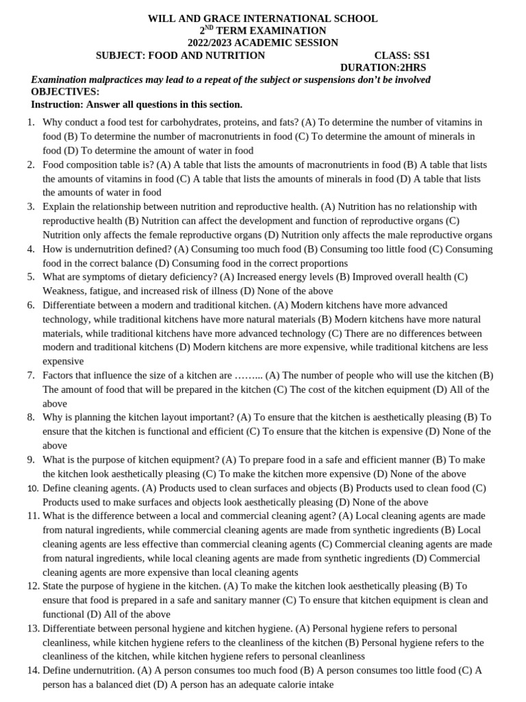 SS1 Food and Nutrition Exam Questions | PDF | Flour | Nutrition