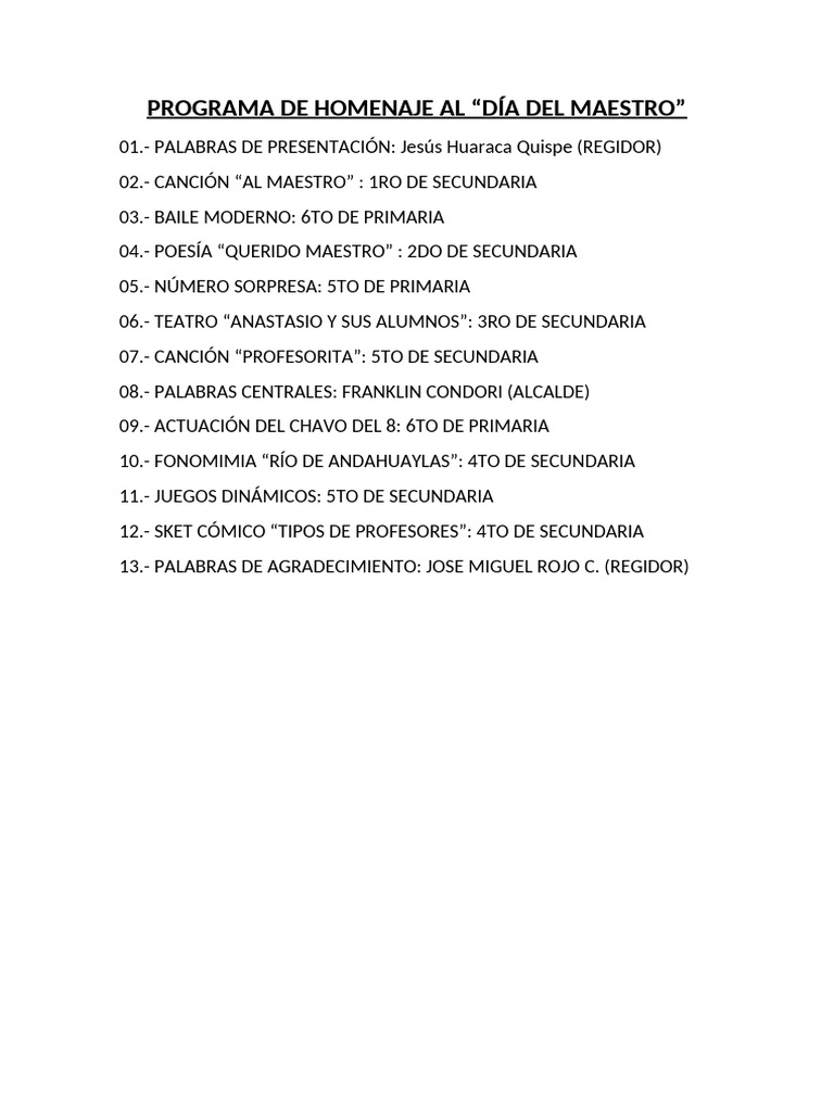 Programa de Homenaje Al Dia Del Maestro | PDF